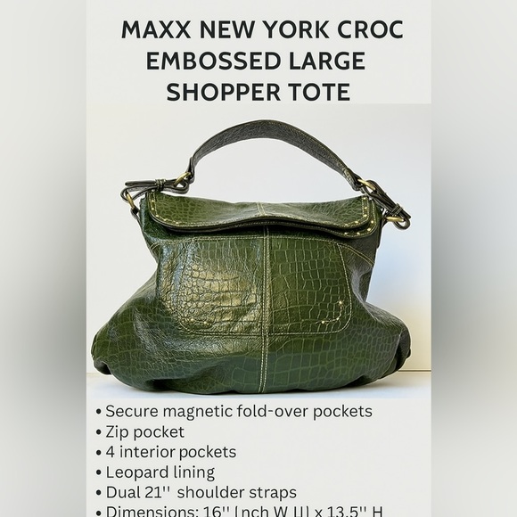 Maxx New York | Bags | Maxx New York Green Croc Embossed Large Shopper Tote Leopard Lining ...